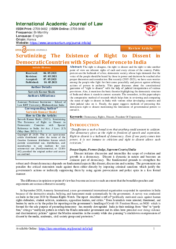 (PDF) Scrutinizing The Existence of Right to Dissent in Democratic ...