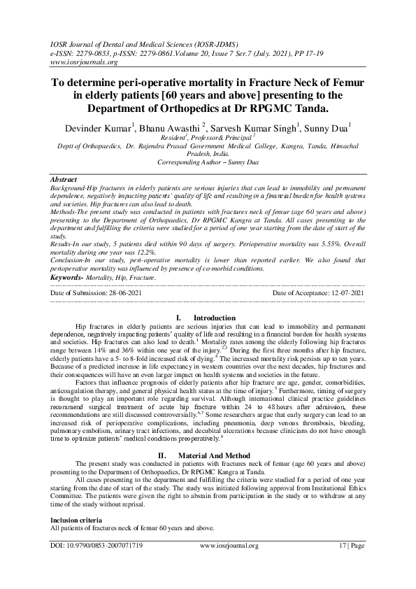(PDF) To determine peri-operative mortality in Fracture Neck of Femur ...