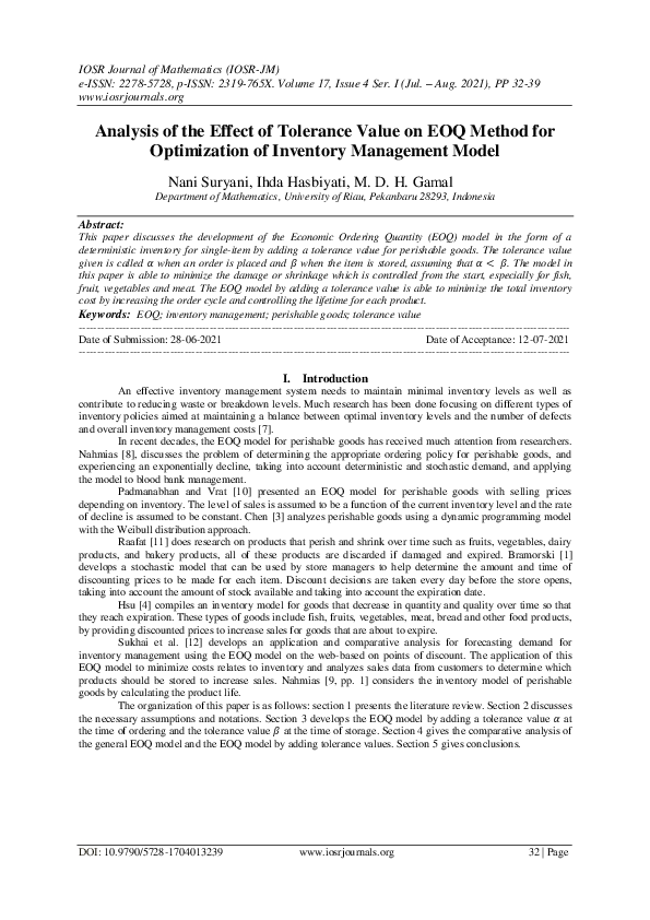 (PDF) Analysis of the Effect of Tolerance Value on EOQ Method for Optimization of Inventory ...