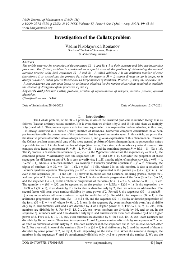 (PDF) Investigation of the Collatz problem