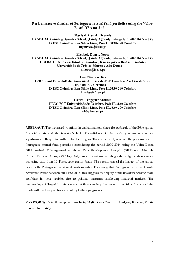 (PDF) Performance evaluation of Portuguese mutual fund portfolios using the value-based DEA method