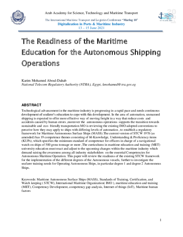 (PDF) The Readiness of the Maritime Education for the Autonomous ...