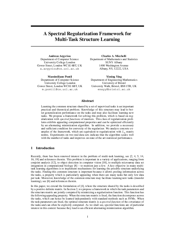 (PDF) A spectral regularization framework for multi-task structure learning