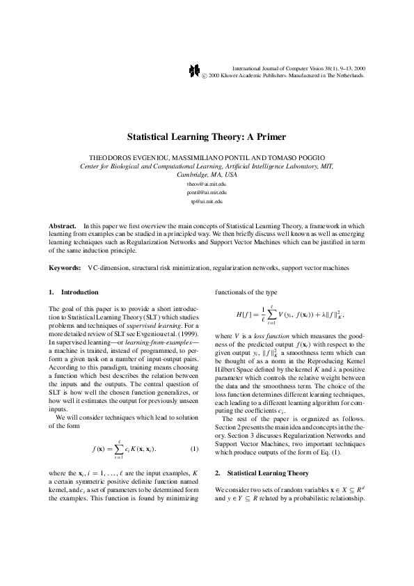 (PDF) Statistical learning theory: A primer