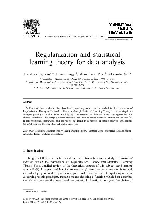 (PDF) Regularization and statistical learning theory for data analysis