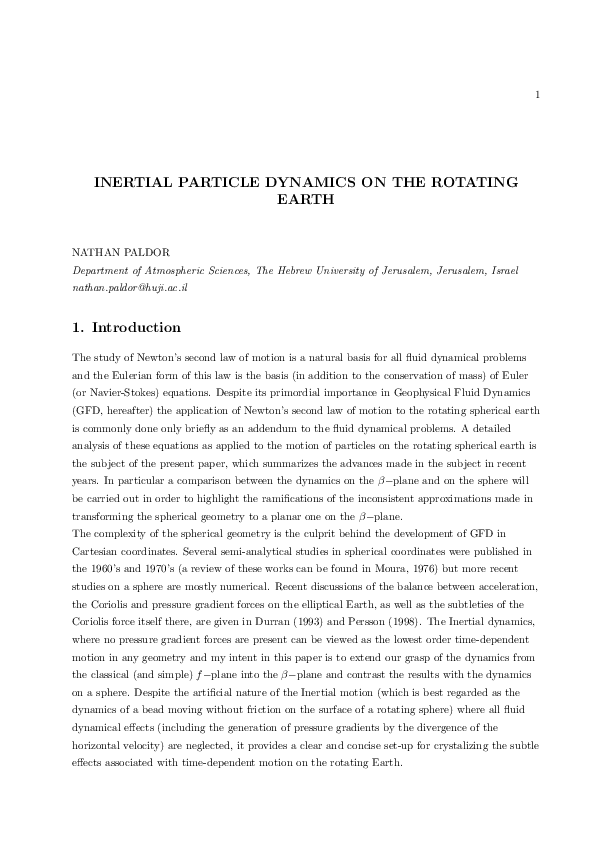 (PDF) Inertial Particle Dynamics on the Rotating Earth