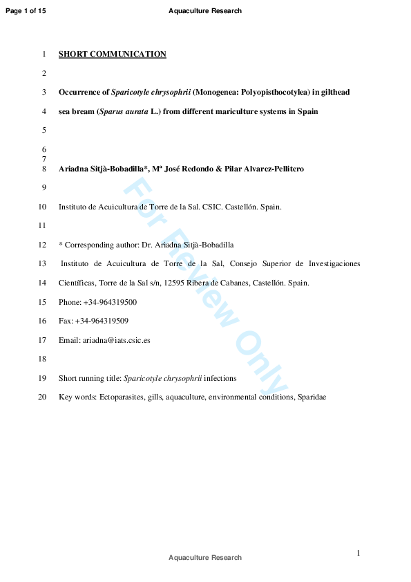(PDF) Occurrence of Sparicotyle chrysophrii (Monogenea ...