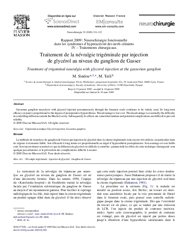 (PDF) Traitement de la névralgie trigéminale par injection de glycérol ...