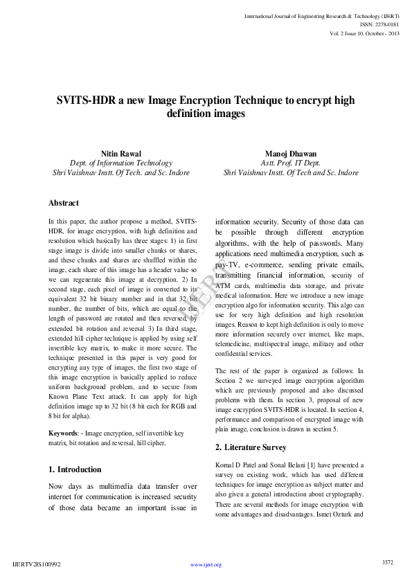 Pdf Ijert Svits Hdr A New Image Encryption Technique To Encrypt High Definition Images Ijert