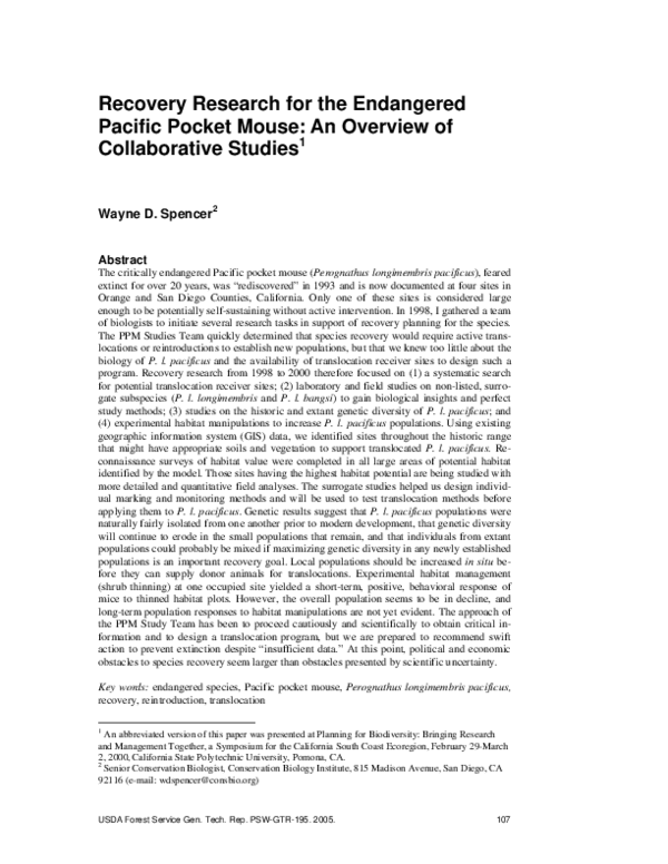 (PDF) Recovery research for the endangered Pacific pocket mouse: An ...