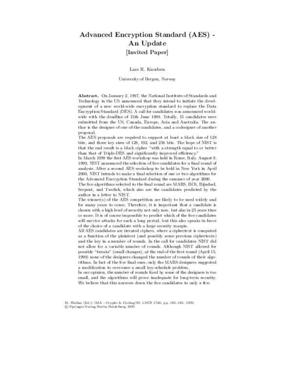(PDF) Advanced Encryption Standard (AES) - An Update [Invited Paper]