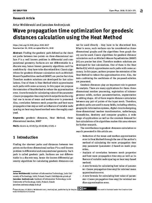 (PDF) Wave propagation time optimization for geodesic distances calculation using the Heat Method