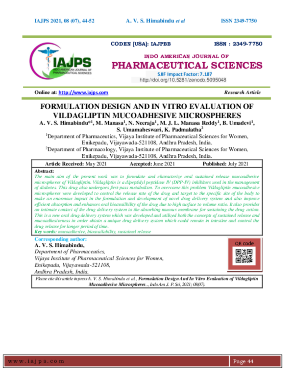 Pdf Formulation Design And In Vitro Evaluation Of Vildagliptin Mucoadhesive Microspheres