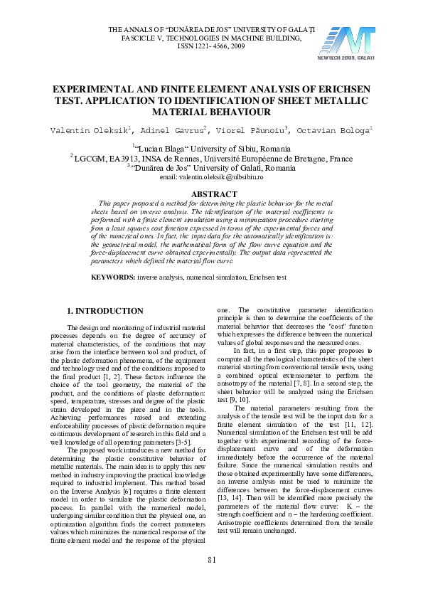 (PDF) Experimental and Finite Element Analysis of Erichsen Test ...