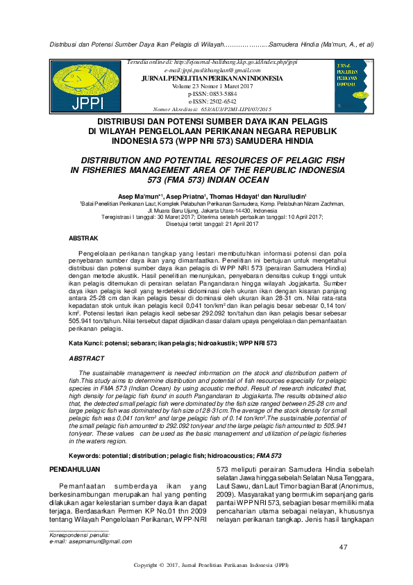 (PDF) Distribusi Dan Potensi Sumber Daya Ikan Pelagis DI Wilayah ...