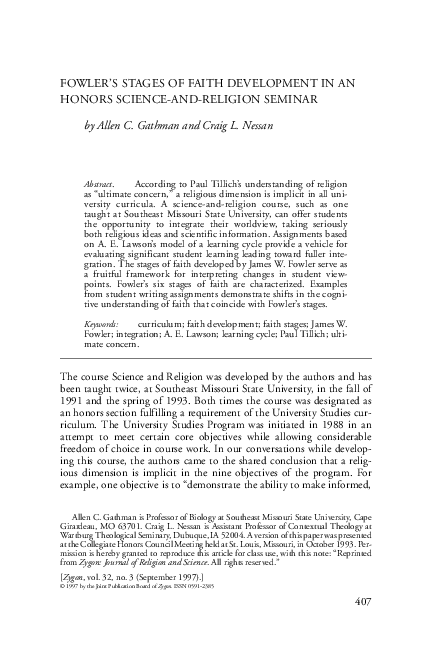 (PDF) Fowler's Stages of Faith Development in an Honors Science-and ...