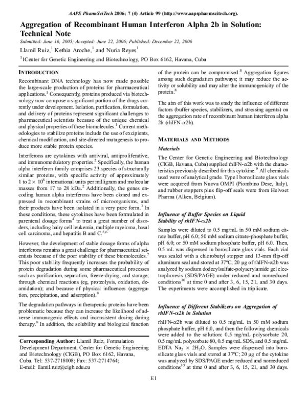 (PDF) Aggregation of recombinant human interferon alpha 2b in solution: Technical note