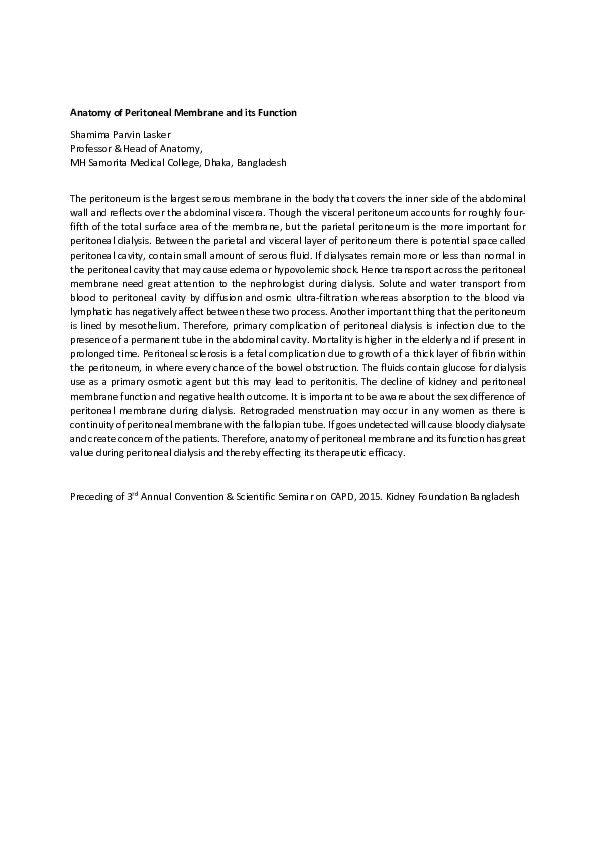(PDF) Anatomy of Peritoneal Membrane and its Function