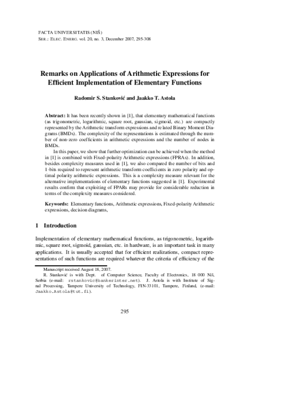 Pdf Remarks On Applications Of Arithmetic Expressions For Efficient Implementation Of