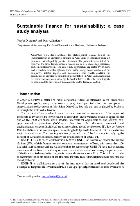 (PDF) Sustainable finance for sustainability: a case study analysis