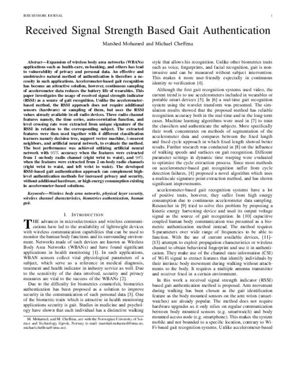 (PDF) Received Signal Strength Based Gait Authentication