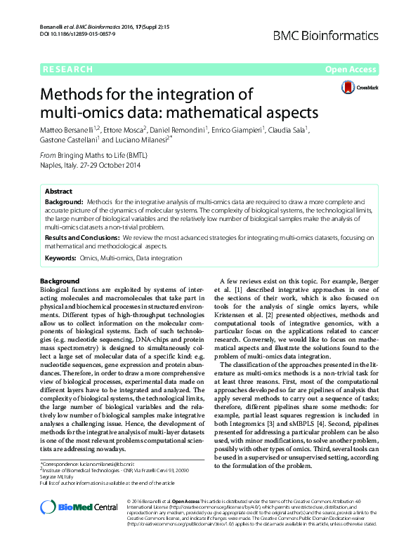 (PDF) Methods for the integration of multi-omics data: mathematical aspects