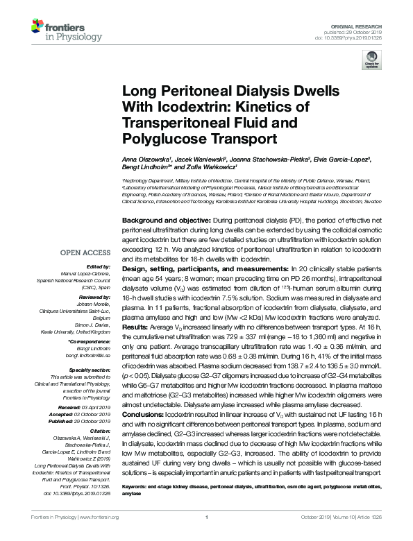 Pdf Long Peritoneal Dialysis Dwells With Icodextrin Kinetics Of Transperitoneal Fluid And