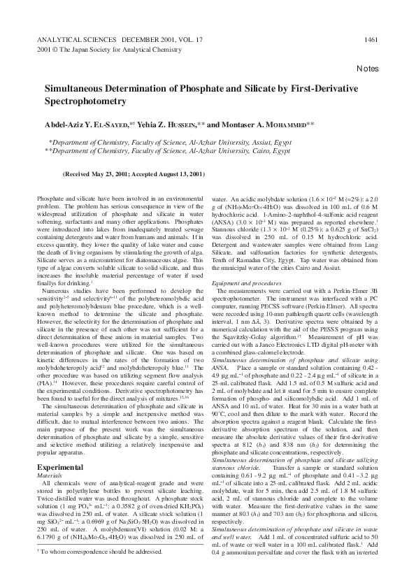 (PDF) Simultaneous Determination of Phosphate and Silicate by First-Derivative Spectrophotometry