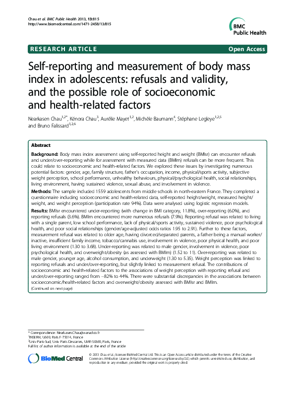 (PDF) Self-reporting and measurement of body mass index in adolescents: refusals and validity ...