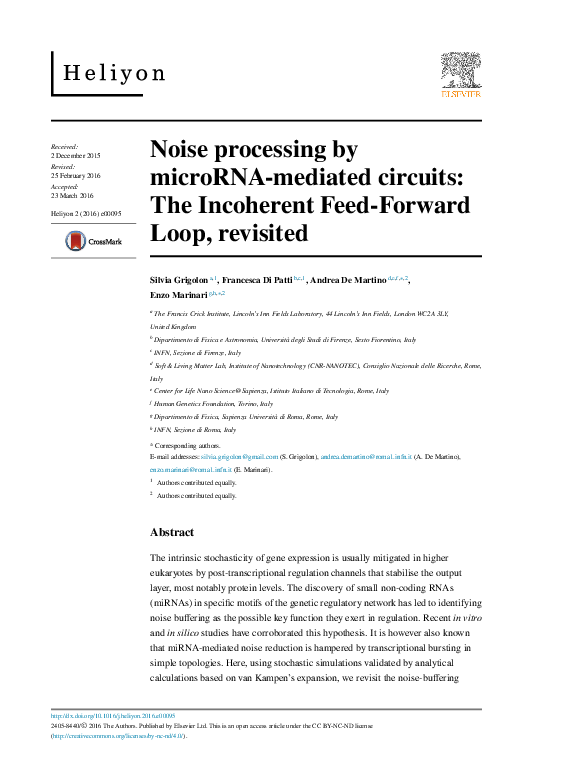 (PDF) Noise processing by microRNA-mediated circuits: The Incoherent Feed-Forward Loop, revisited