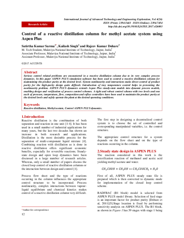 Pdf Control Of A Reactive Distillation Column For Methyl Acetate System Using Aspen Plus