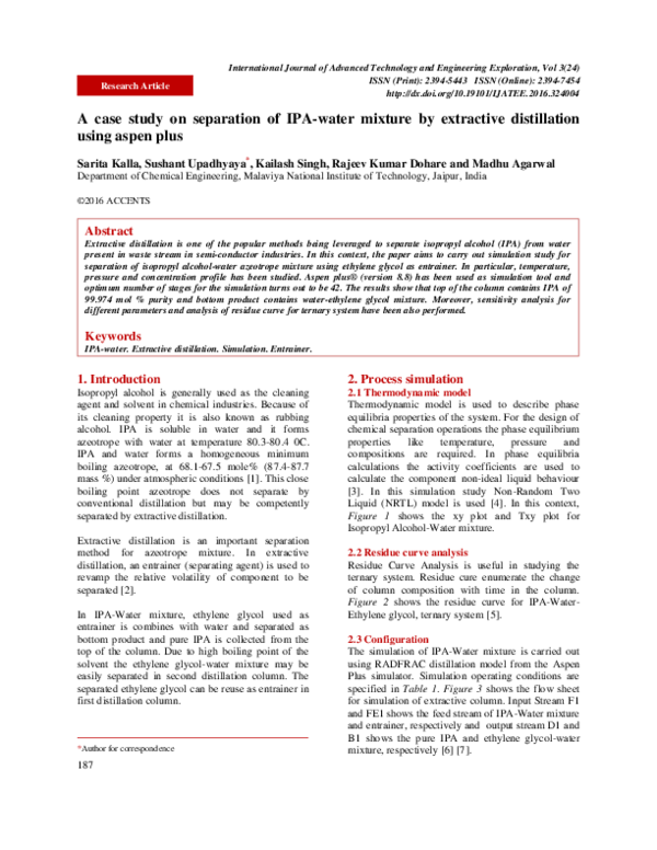 (PDF) A case study on separation of IPA-water mixture by extractive ...