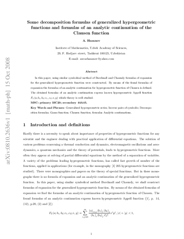 (PDF) Some decomposition formulas of generalized hypergeometric ...