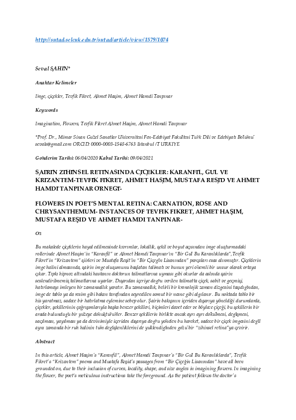 (PDF) Şairin Zihinsel Retinasında Çiçekler: Karanfil, Gül ve Krizantem ...