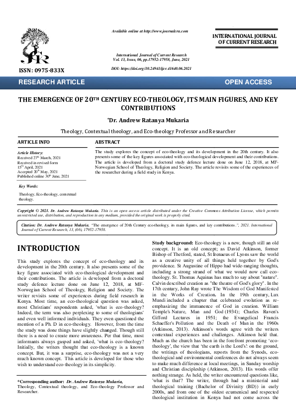 (PDF) THE EMERGENCE OF 20 TH CENTURY ECO-THEOLOGY, ITS MAIN FIGURES ...