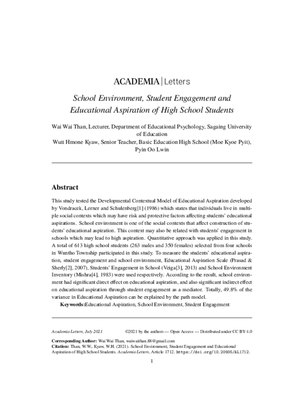 (PDF) School Environment, Student Engagement and Educational Aspiration ...