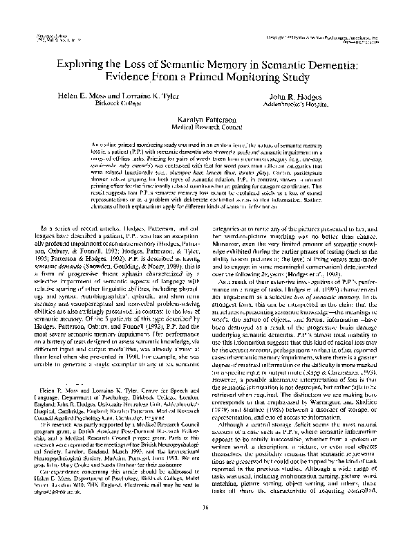 Pdf Exploring The Loss Of Semantic Memory In Semantic Dementia