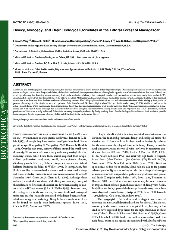 (PDF) Dioecy, Monoecy, and Their Ecological Correlates in the Littoral ...