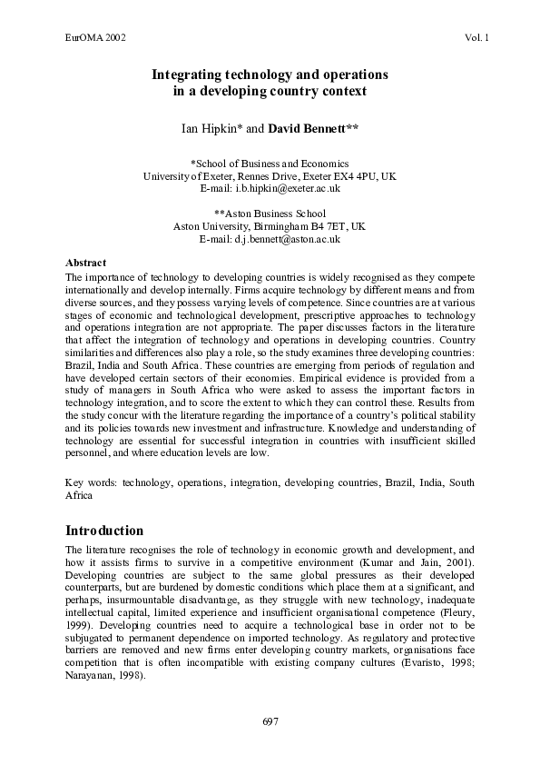 (PDF) Integrating technology and operations in a developing country context