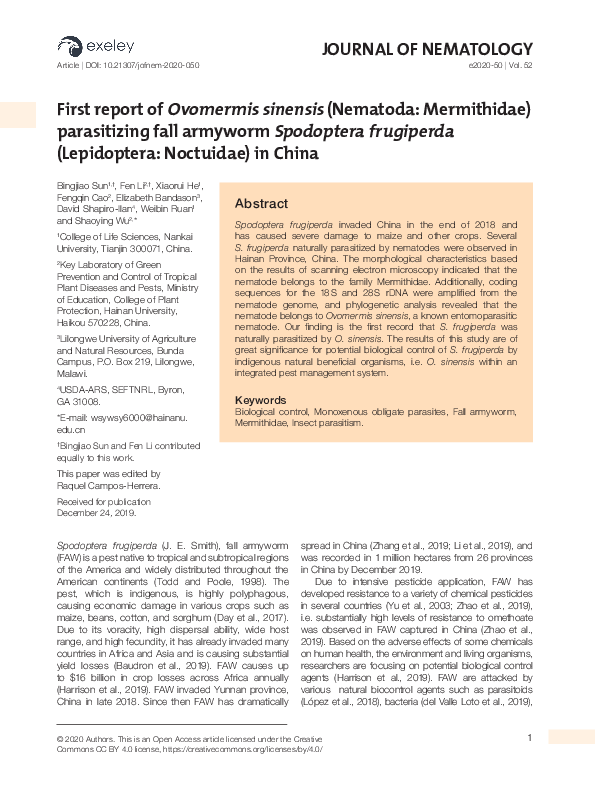 (PDF) First report of Ovomermis sinensis (Nematoda: Mermithidae ...