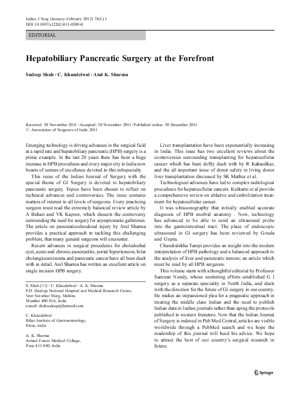 (PDF) Hepatobiliary Pancreatic Surgery at the Forefront