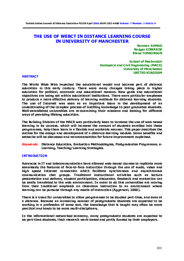 (PDF) The Use of Webct in Distance Learning Course