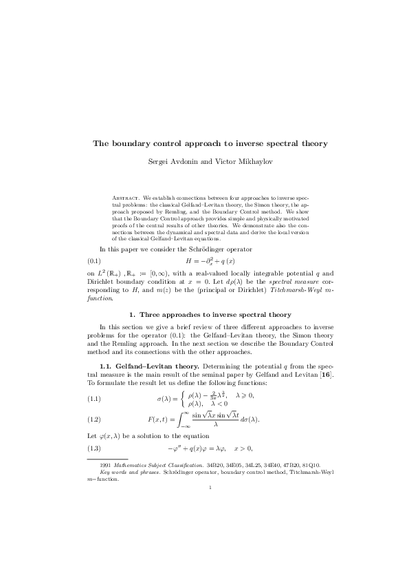 (PDF) The boundary control approach to inverse spectral theory