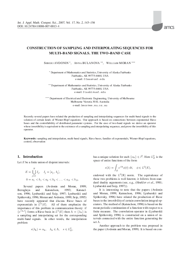 (PDF) Construction of Sampling and Interpolating Sequences for Multi-Band Signals. The Two-Band ...