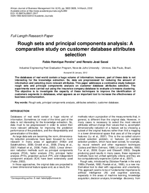 (PDF) Rough sets and principal components analysis: A comparative study on customer database ...
