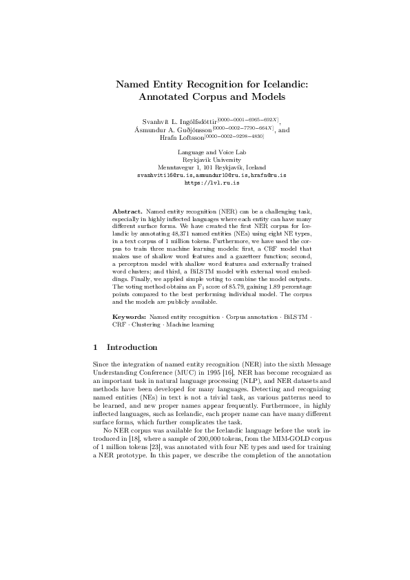 (PDF) Named Entity Recognition for Icelandic: Annotated Corpus and Models (PDF) Named Entity Recognition for Icelandic: Annotated Corpus and Models