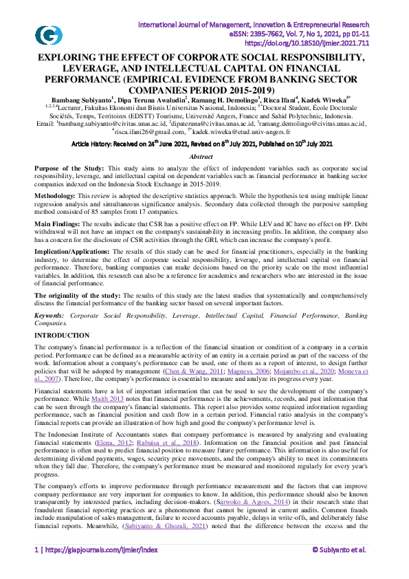 (PDF) EXPLORING THE EFFECT OF CORPORATE SOCIAL RESPONSIBILITY, LEVERAGE, AND INTELLECTUAL ...