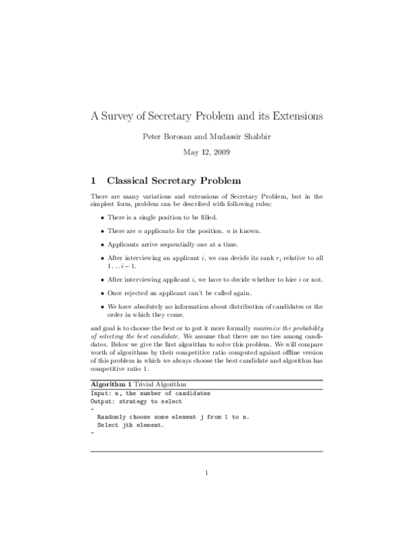 (PDF) A Survey of Secretary Problem and its Extensions
