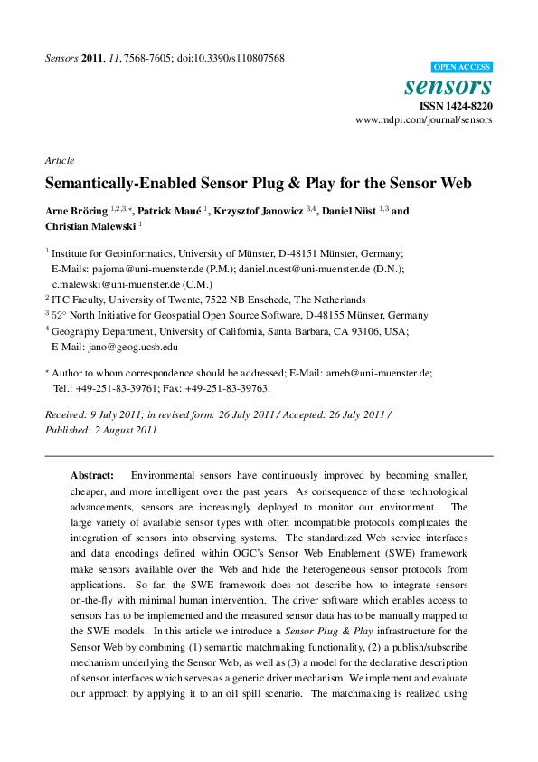 (PDF) Semantically-Enabled Sensor Plug & Play for the Sensor Web