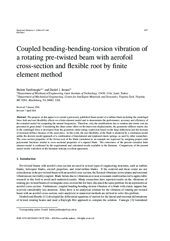 (PDF) Coupled Bending-Bending-Torsion Vibration of a Rotating Pre-Twisted Beam with Aerofoil ...